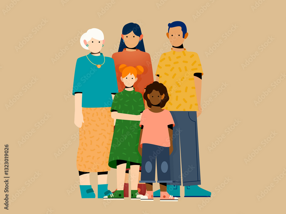 Cartoon big mixed race family Stock Illustration | Adobe Stock