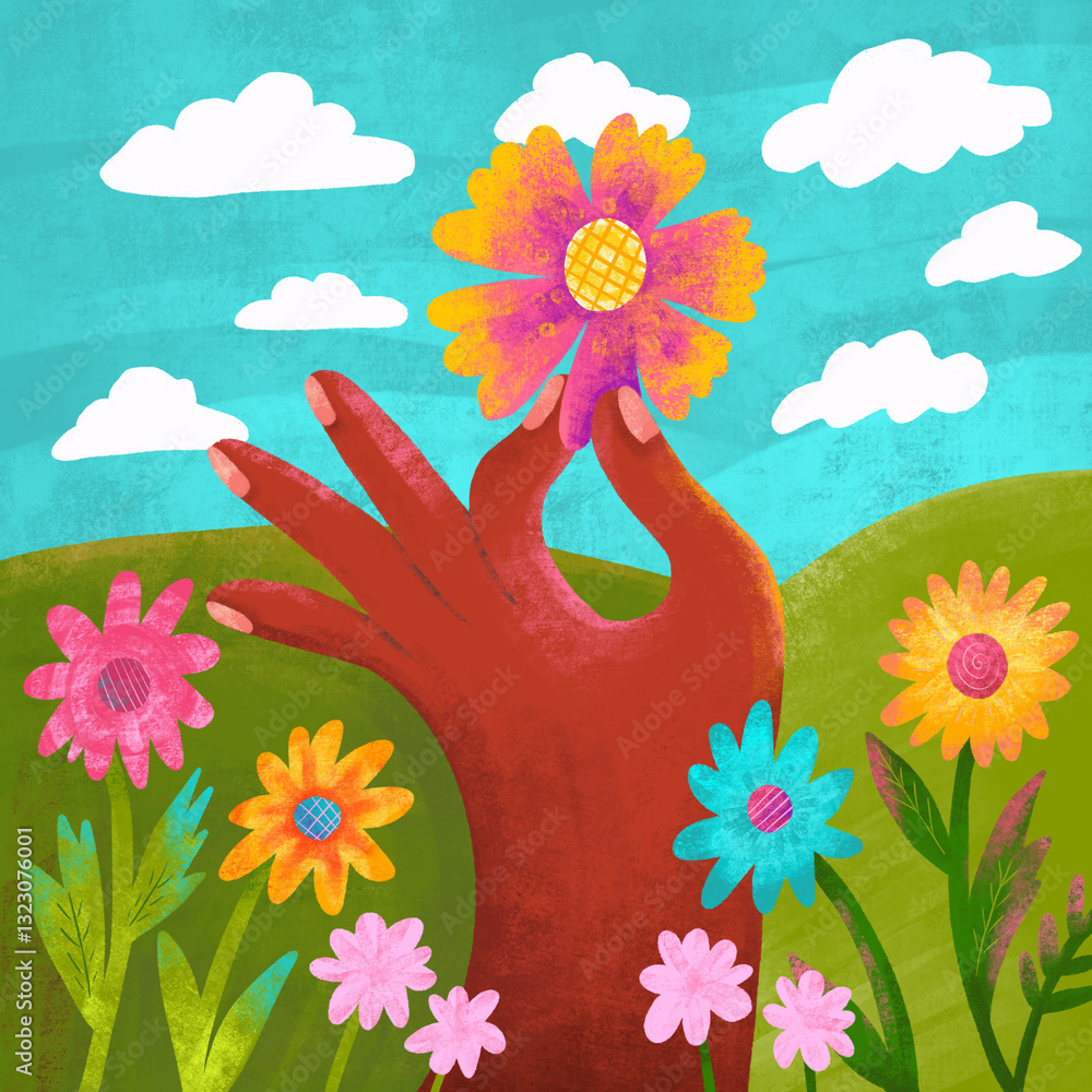 Summer hand holds flower in vibrant floral landscape Stock Illustration ...