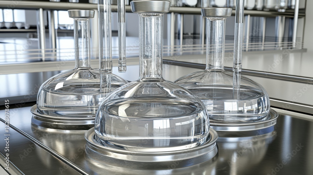 Clear Glass Vessels on a Steel Surface in a Modern Laboratory Setting ...