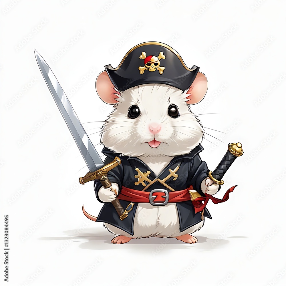 Cute white hamster dressed as pirate captain with sword and jolly roger ...