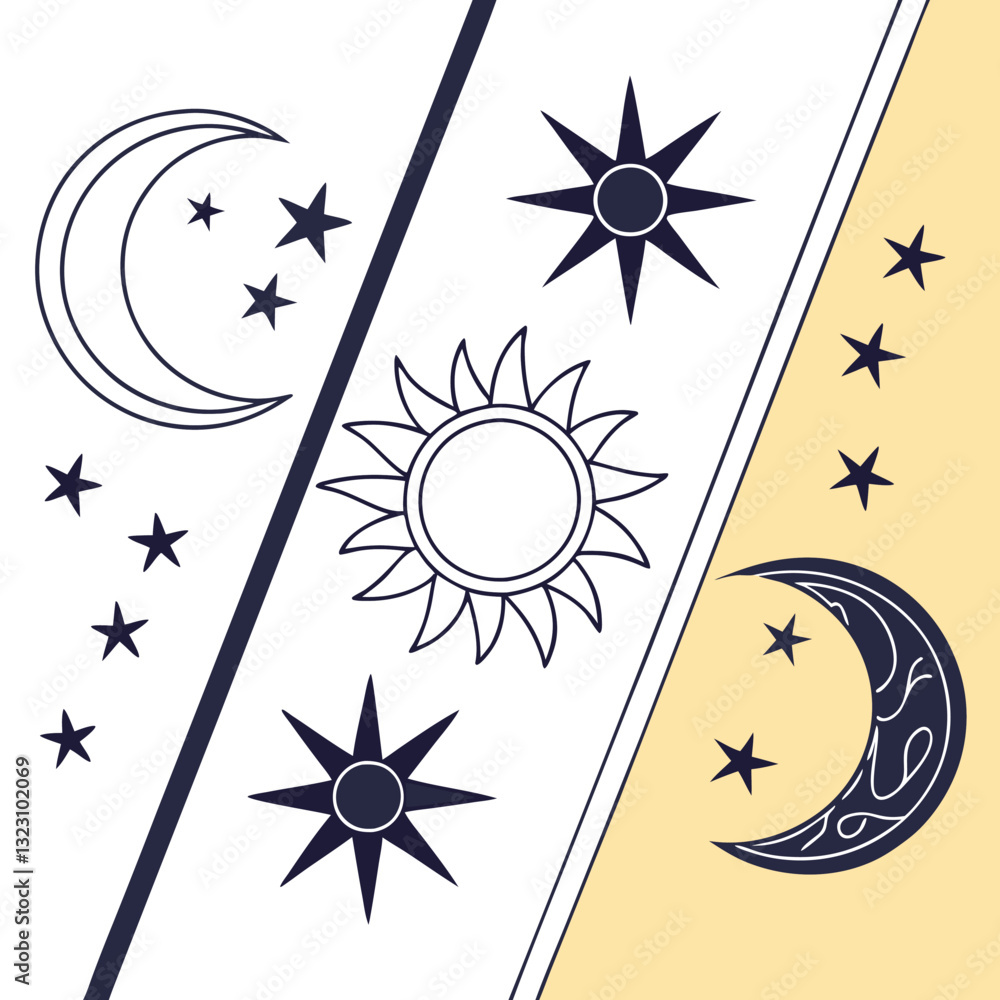 Minimalist black and white day and night icon, sun and moon with stars ...