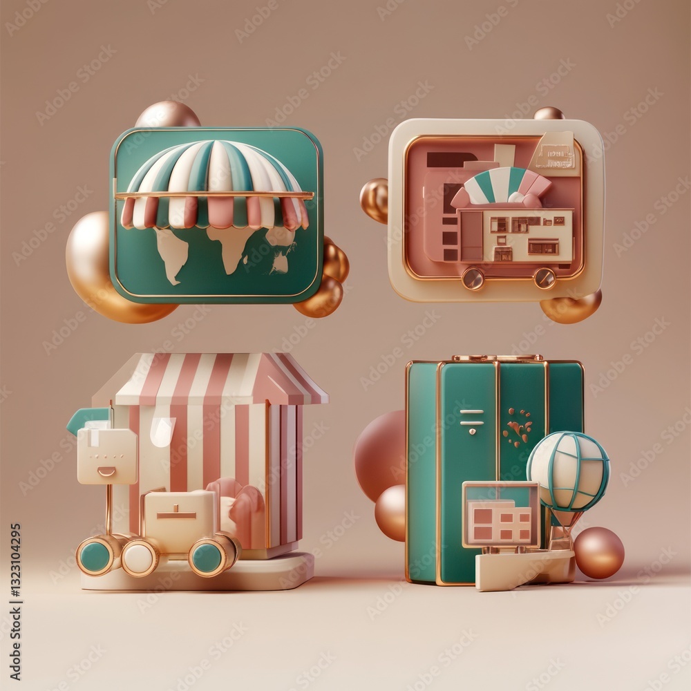 Travel & Retail Icons. 3D stylized icons depicting global retail ...
