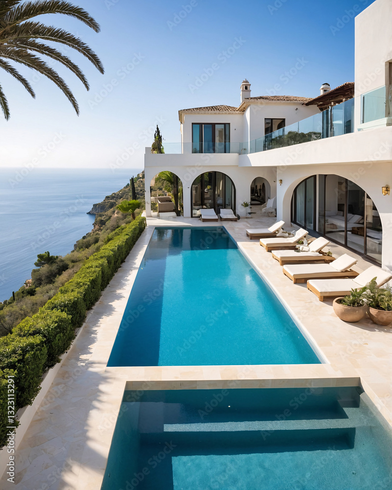 Dream European mansion with clear pool and panoramic beach view ...