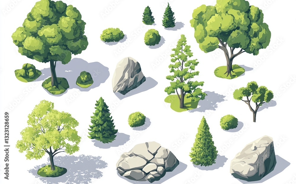 Isometric illustration of trees, shrubs, and rocks. Stock Illustration ...
