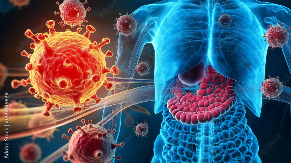 Colon cancer radiation. Digestive system chemotherapy. Medical diagram ...