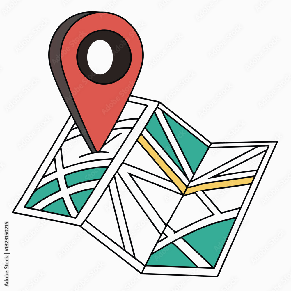 Location and Navigation Icon – GPS Map with Pin Marker, Folded Road Map Symbol for Travel ...