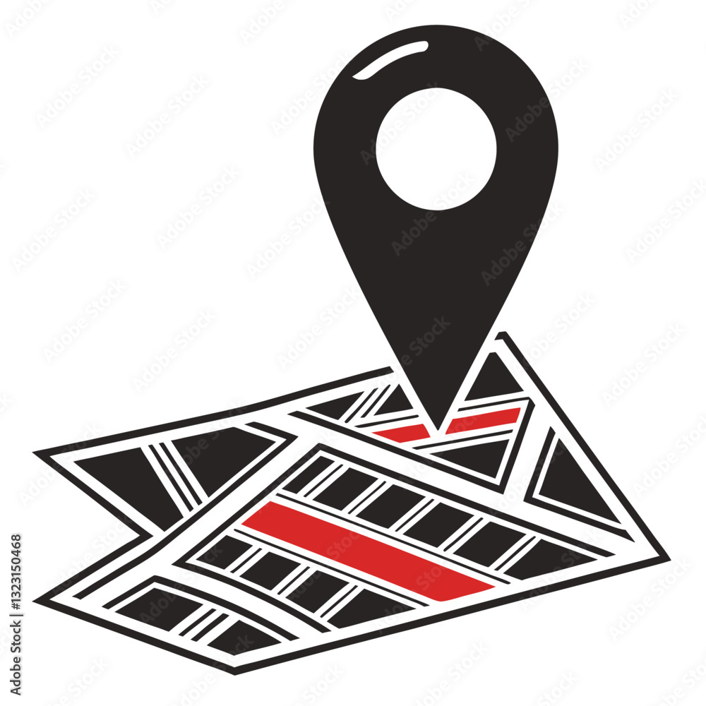 Location and Navigation Icon – GPS Map with Pin Marker, Folded Road Map Symbol for Travel ...