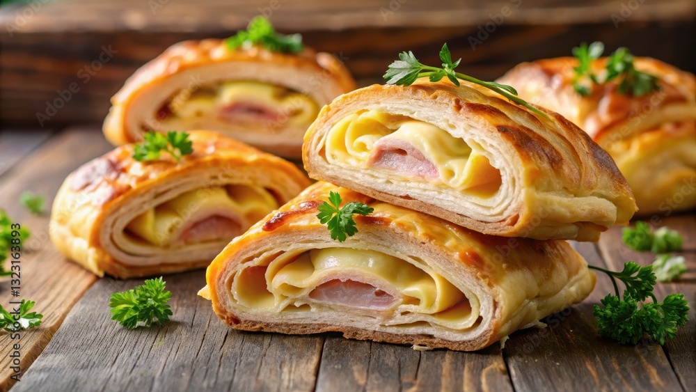 Flaky puff pastry rolls sliced open revealing melted cheese and savory ...