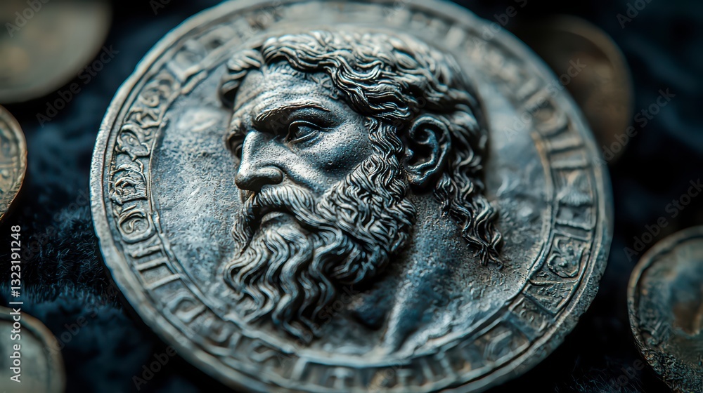 Ancient Coinage: A close-up, detailed shot reveals a weathered, antique ...