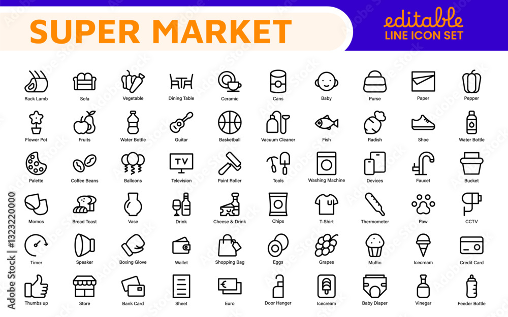 Supermarket Store Icon Collection. Modern Grocery Symbols for UI and ...