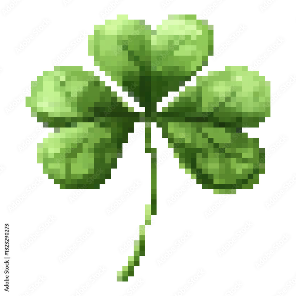 Pixel art style four-leaf clover with vibrant green leaves on a ...