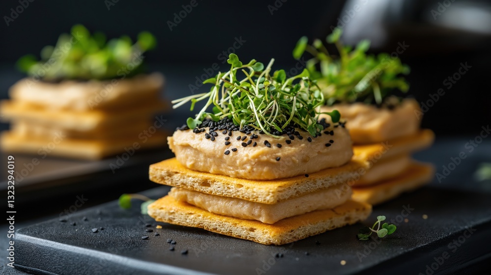 Stock-Foto „Stack of three crackers on a black slate plate. the ...