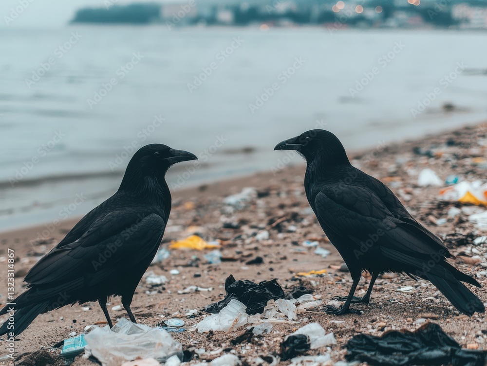ocean pollution plastic chemicals, Two crows stand on a beach littered ...
