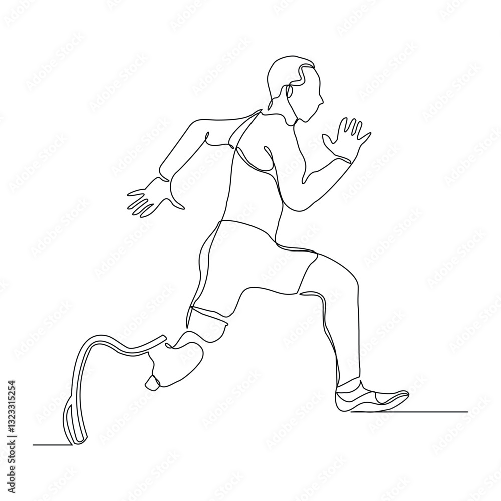 Continuous line of male amputee athlete runner with prosthetic legs run ...