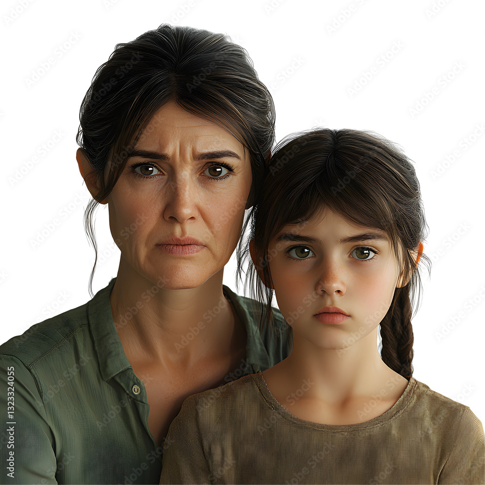 Solemn mother and daughter with serious expressions , Portrait, natural ...