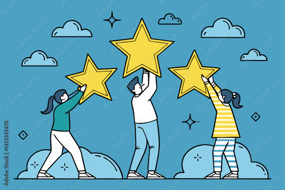 35 Illustration, group of people holding giant golden stars, customer ...