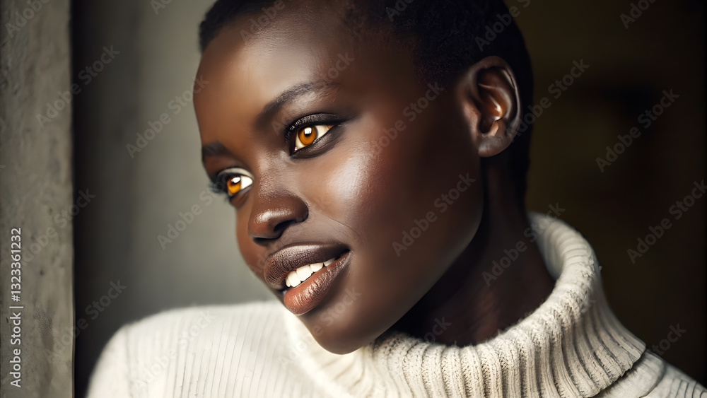 Close-up portrait of a stunning African supermodel with dark silky skin ...