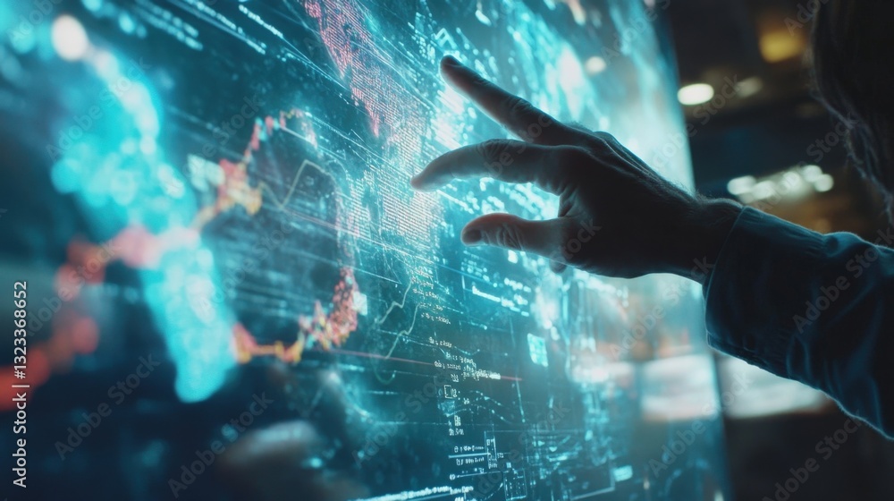 Businessman interacting with a futuristic touchscreen featuring a dynamic global map and data ...