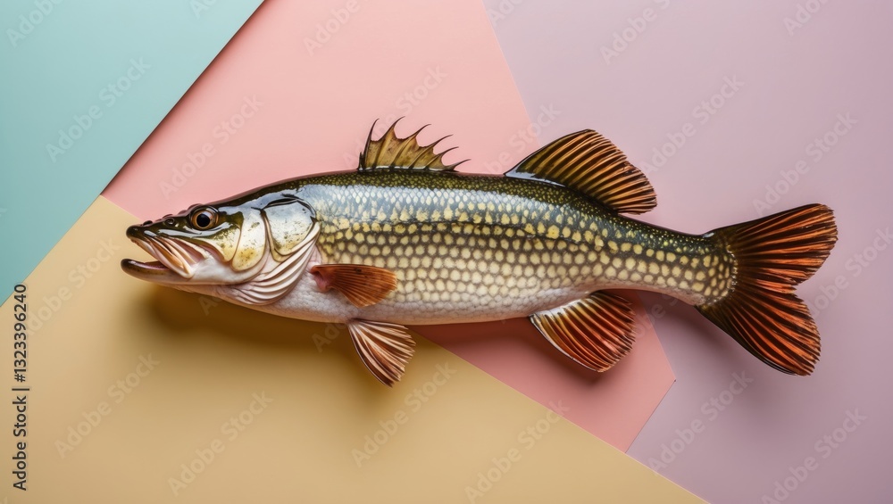 Pike fish displayed on layered pastel backgrounds of soft mint green ...
