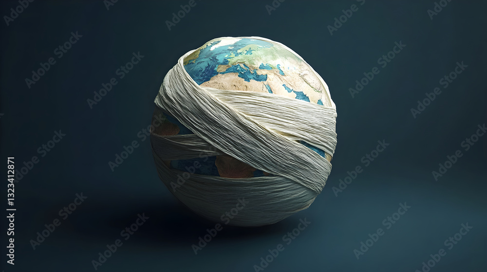 Planet Earth wrapped in bandages, showcasing bruises and scars of ...