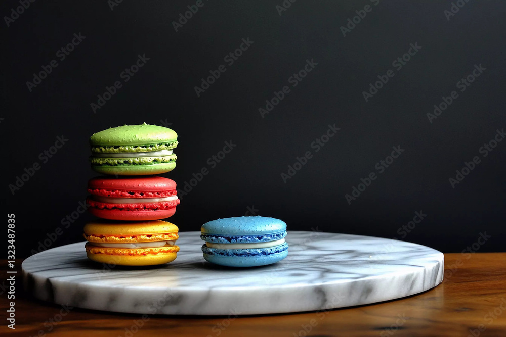 Colorful macarons stack on a marble platter against a dark background ...