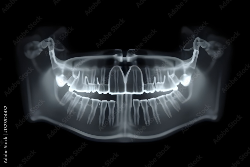 panoramic dental X-ray showing a full view of the upper and lower teeth ...