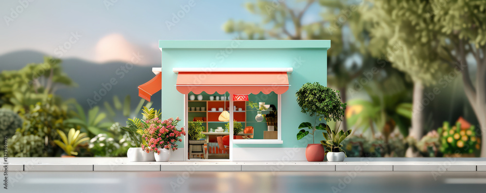 charming boutique storefront with minimal 3D render design features ...