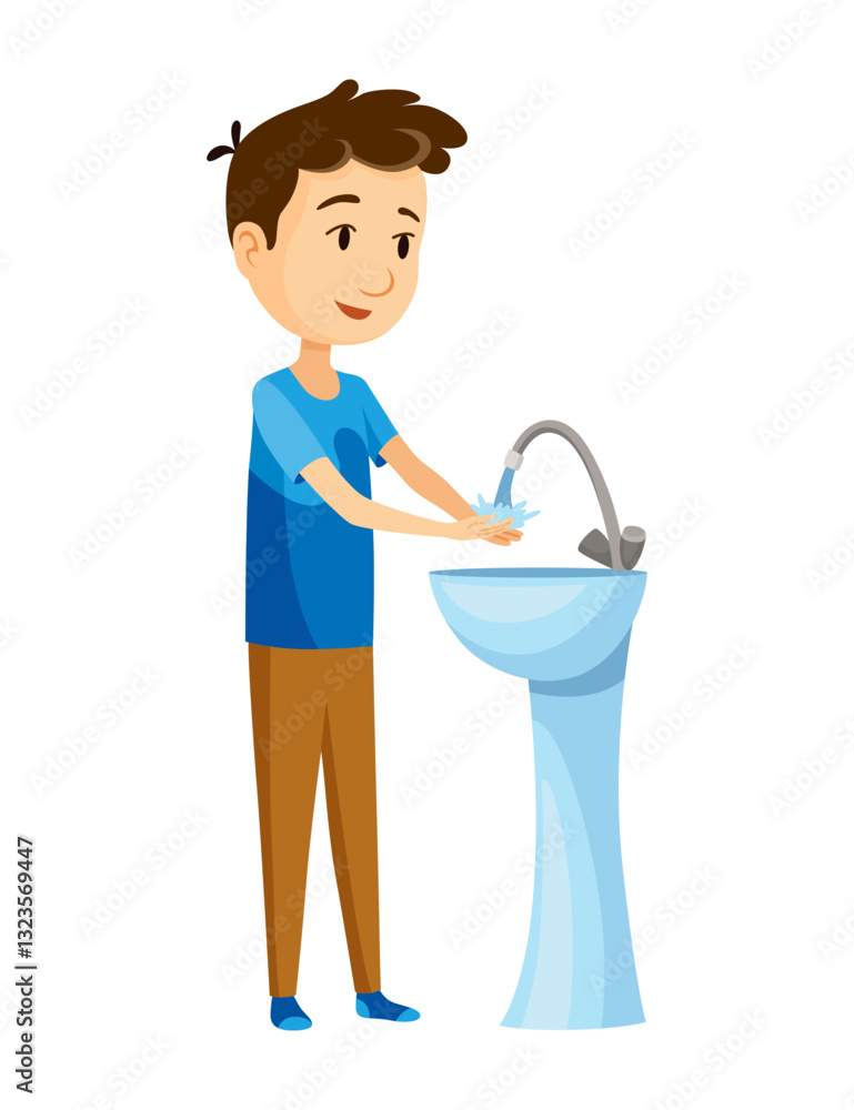 Kid use bathroom icon set. Baby boy learn proper handwashing. Vector ...