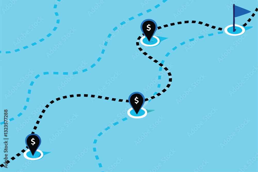 Create a minimalistic financial roadmap illustration featuring dotted ...
