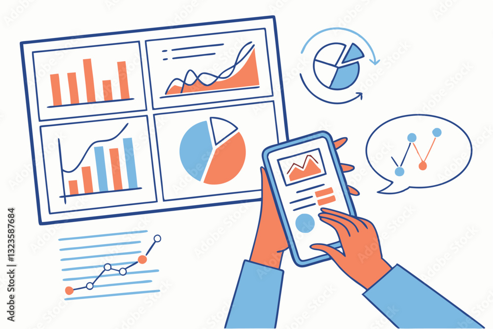 75 Business analytics, hands holding smartphone, colorful charts and ...