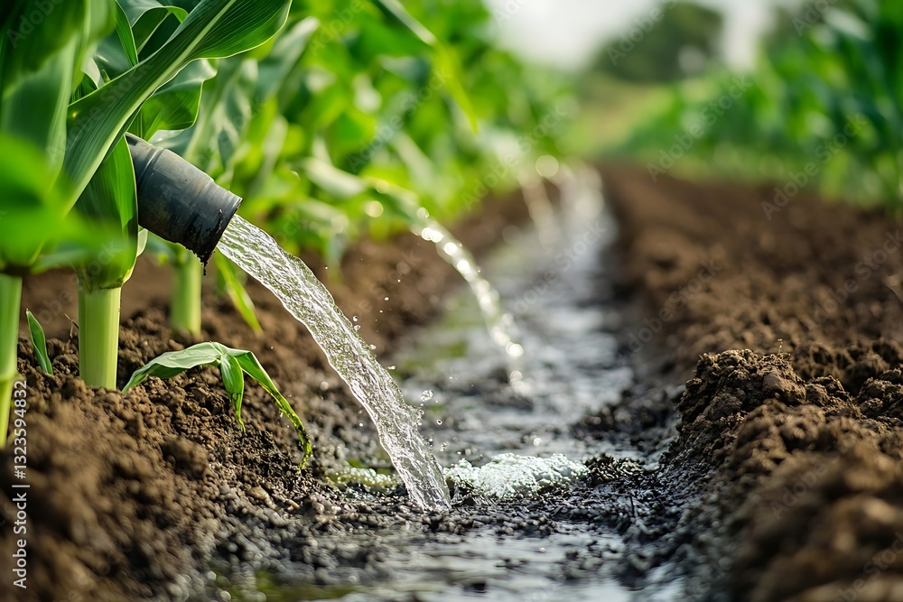 Water flows from a pipe irrigating corn rows in farmland, showcasing ...