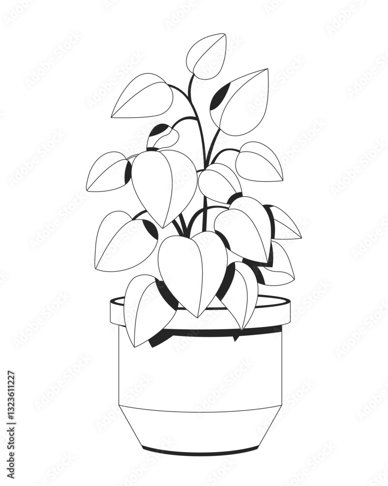 Lush leafy houseplant in ceramic pot 2D line object. Botanical, home ...