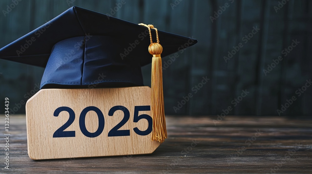 Graduation cap resting on wooden number 2025 symbolizes achievements ...