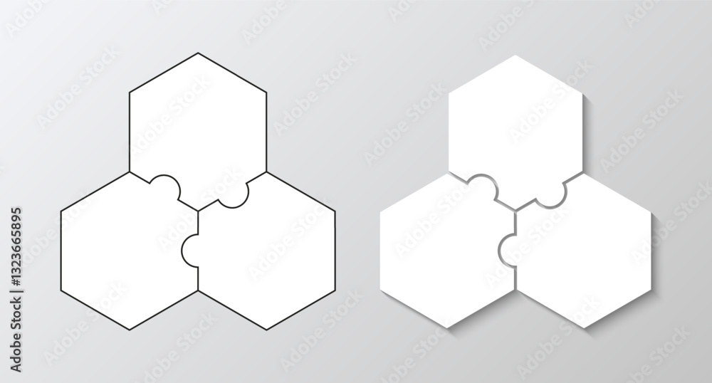 Jigsaw triangle diagram with hexagonal pieces. Puzzle layout, steps ...