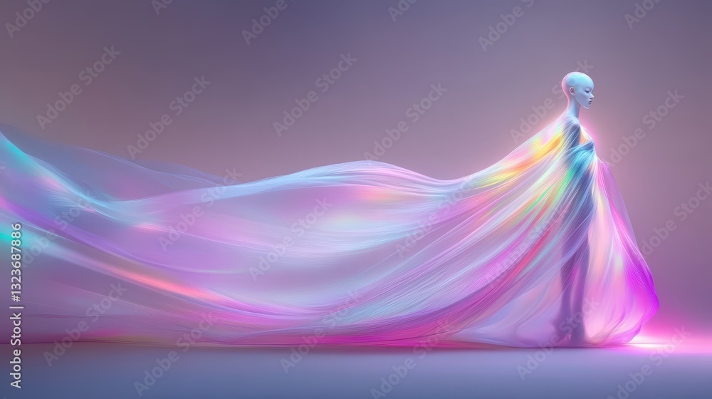 A serene figure in a translucent garment moves gracefully, surrounded ...