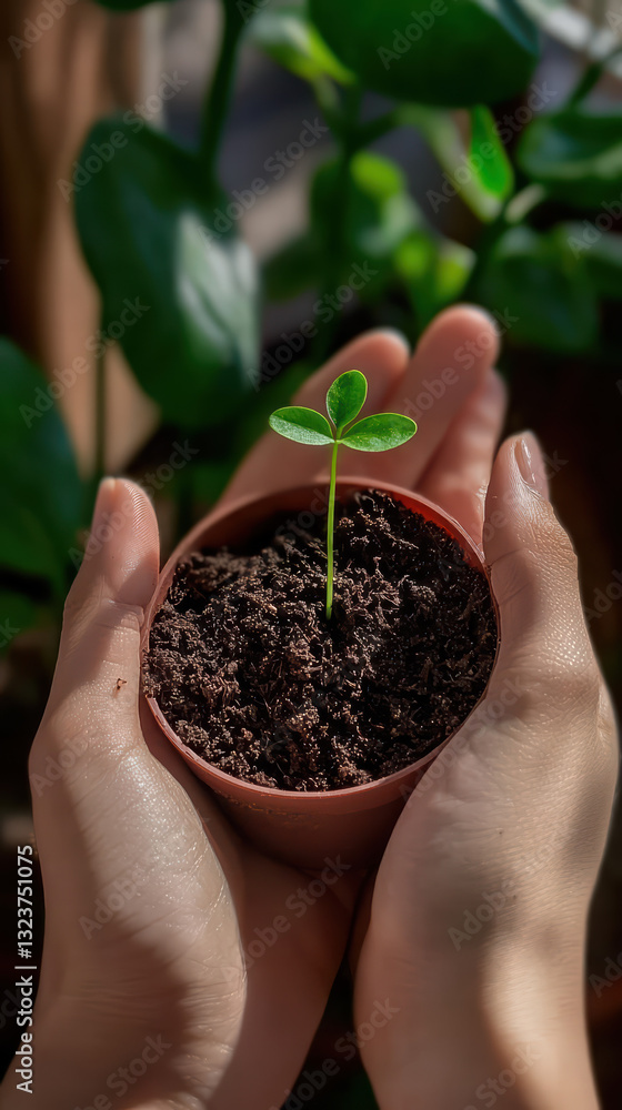 Nurturing Growth: Tender hands cradle a young plant sprouting from rich ...