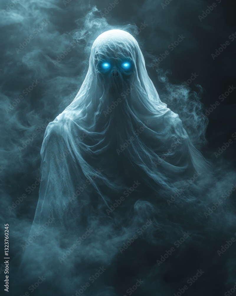 Haunting Ghost with Glowing Blue Eyes Floating in the Air for Halloween ...