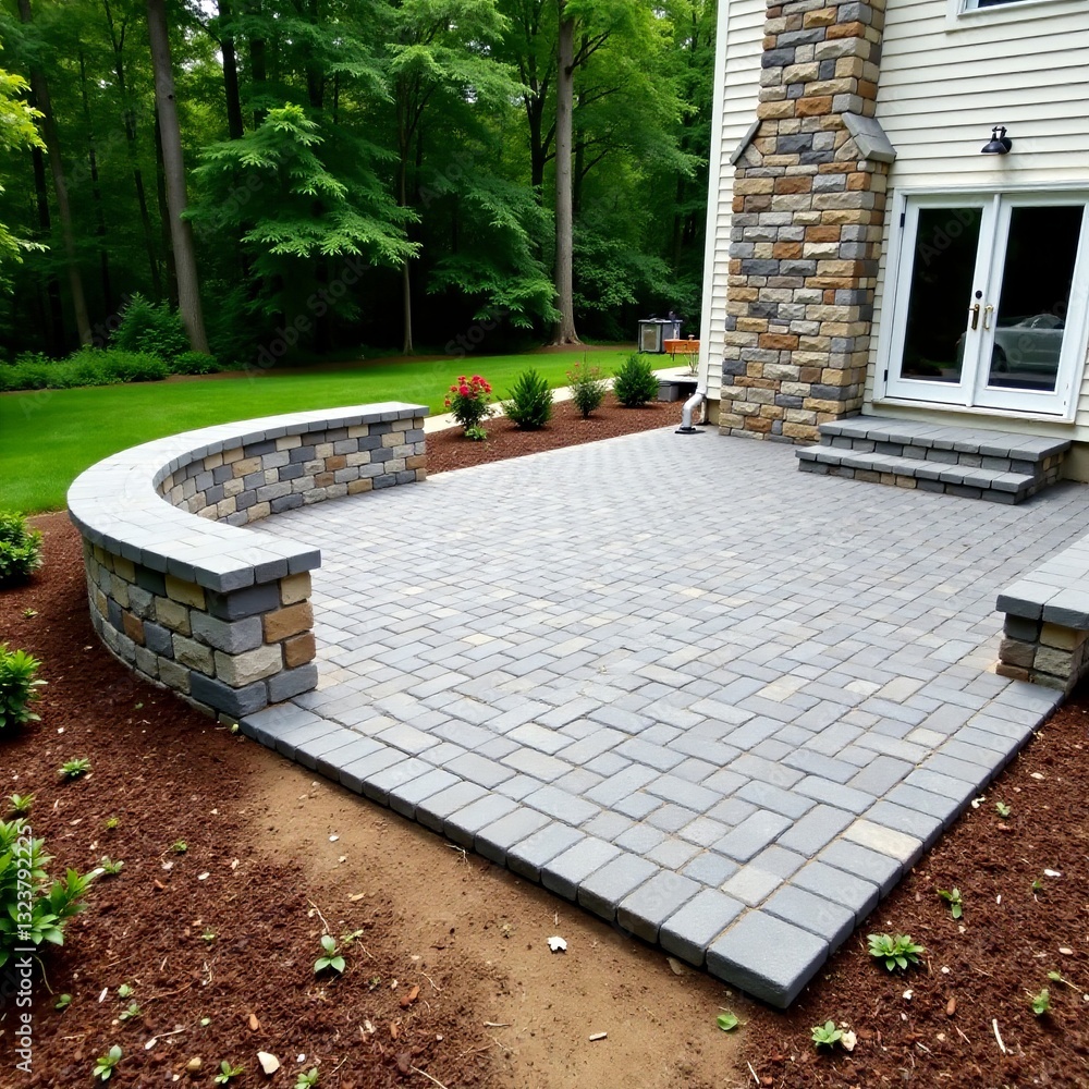 Incomplete brick paver patio with partial stone walls and chimney under ...
