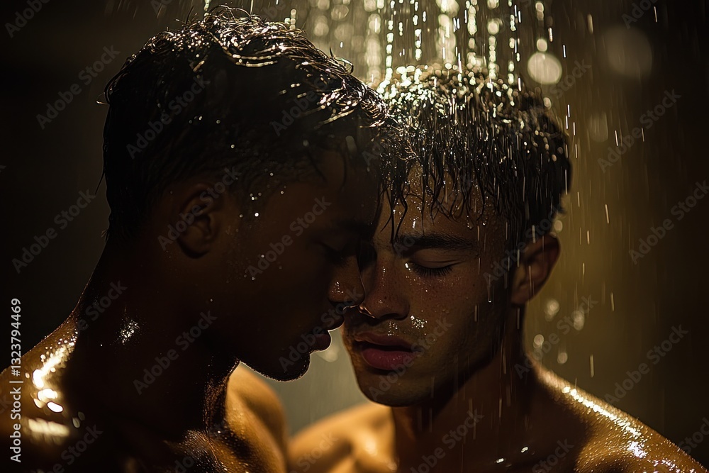 Romantic Moments of Two Men Sharing a Shower Embrace and Kiss ...