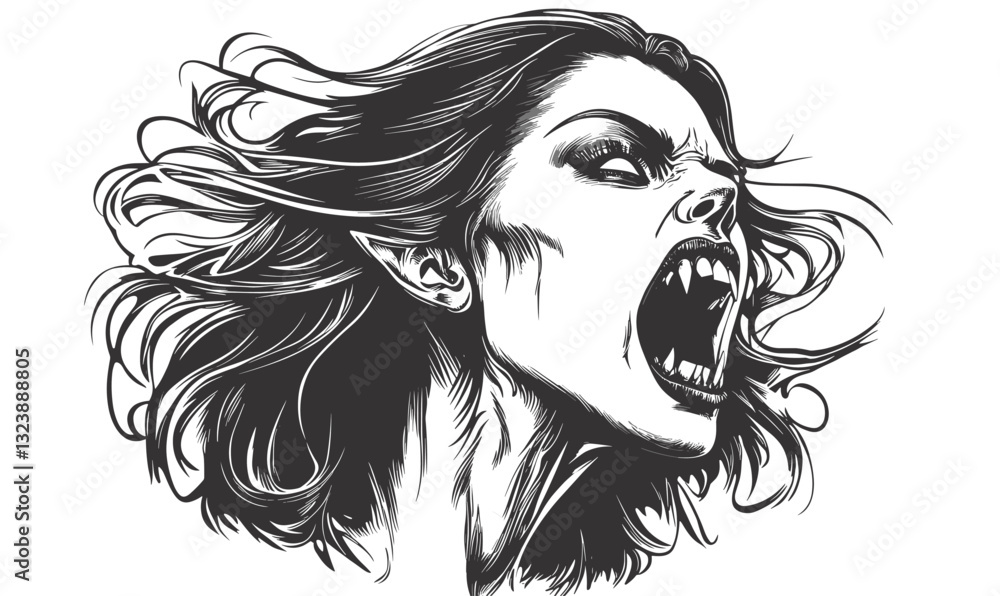 Fierce vampire woman screaming with fangs and flowing hair, vector ...