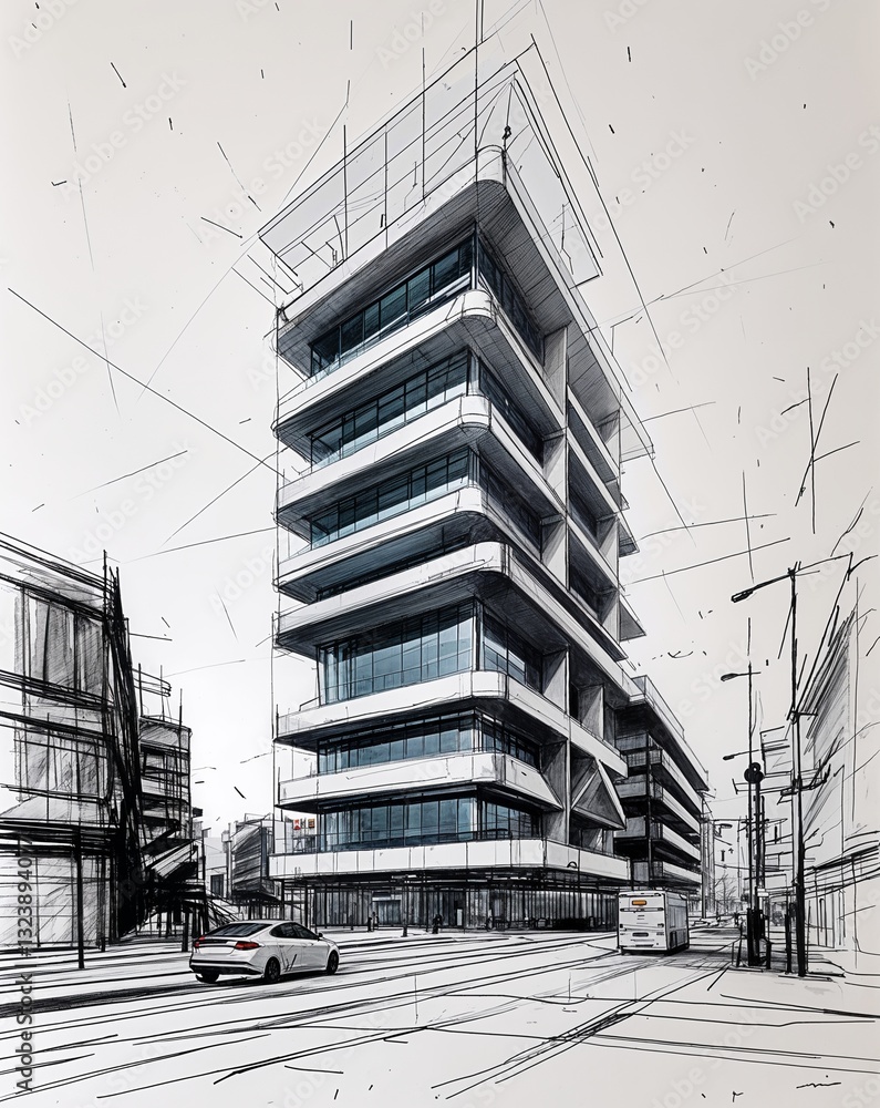 Multi level high tech transit hub building design in sketch hand ...