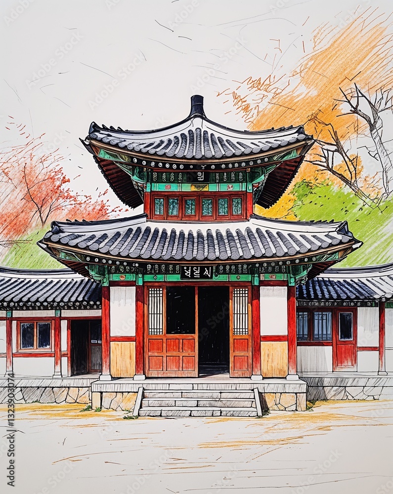 Traditional Korean hanok house with a wooden gate and tiled roof ...