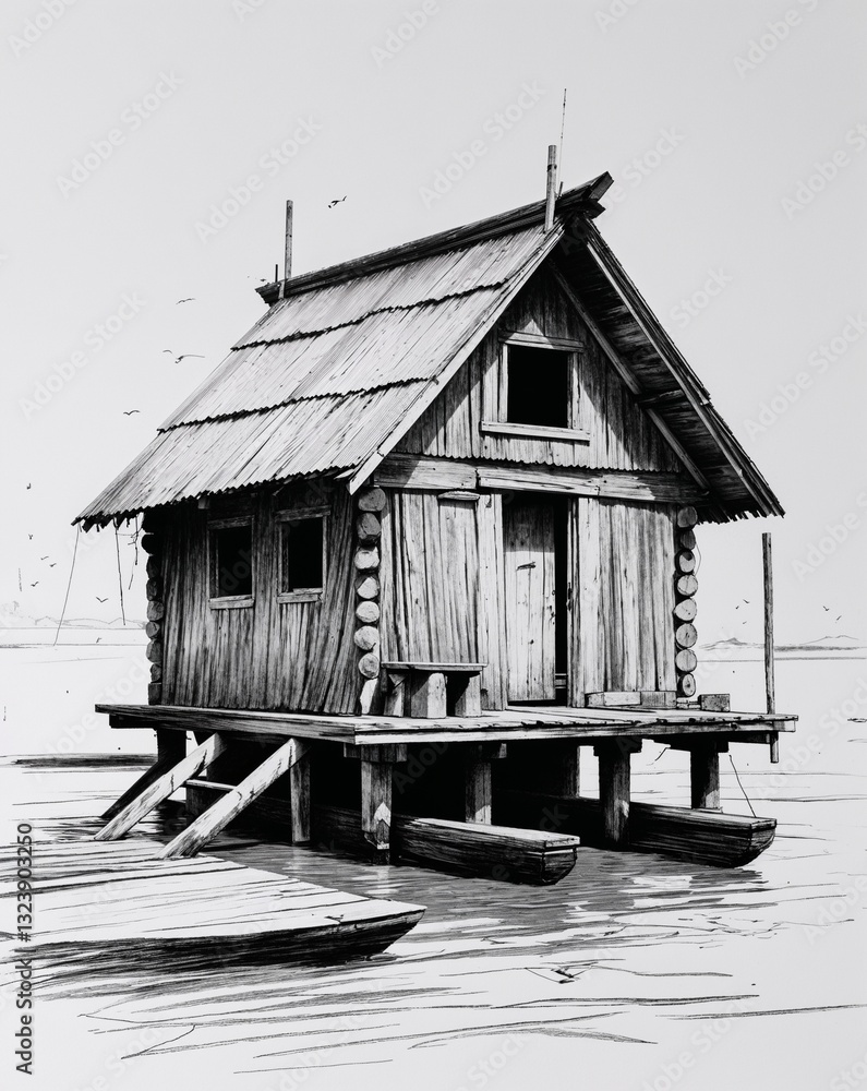 Traditional wooden fishing shack building design in sketch hand drawing ...