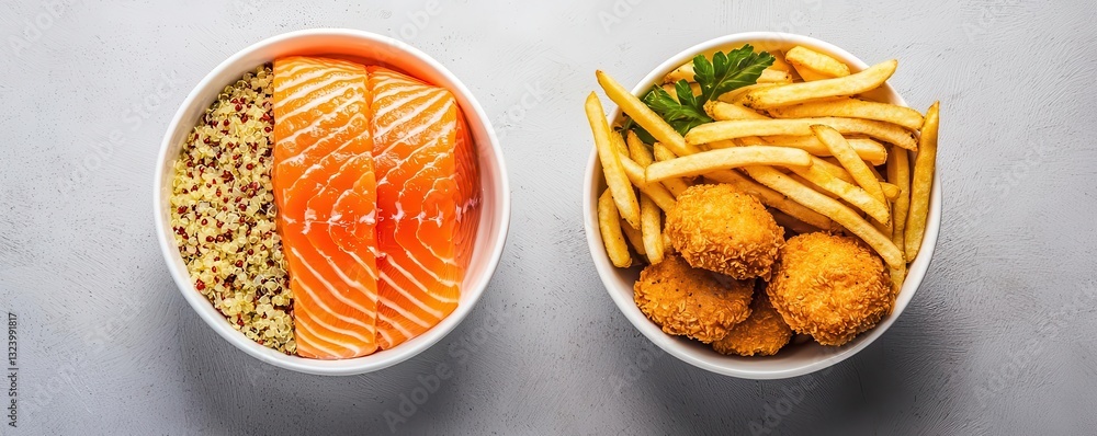 Salmon and quinoa meal vs fast food chicken nuggets and fries, placed ...