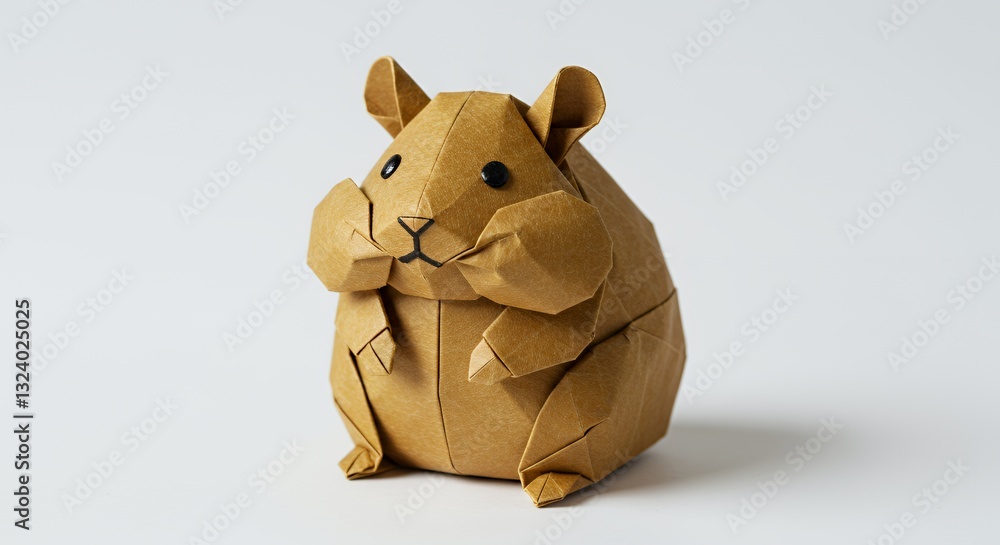 A brown paper origami hamster standing on a white background Stock ...