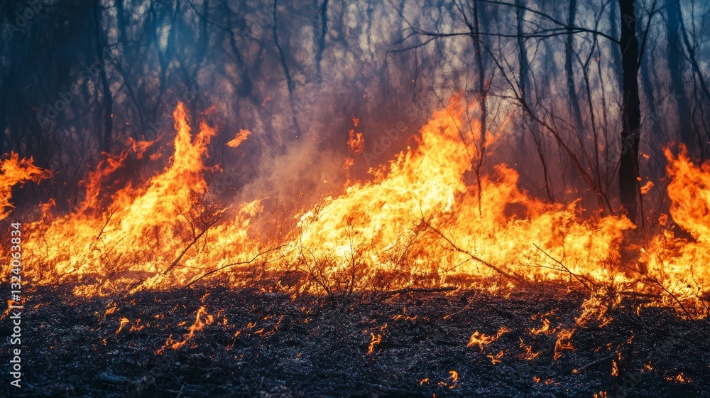 Intense fire burning through the forest floor, consuming dry leaves and ...