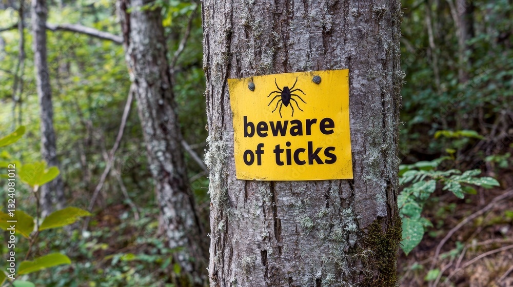 Bright yellow warning sign with "Beware of Ticks" message placed in a ...