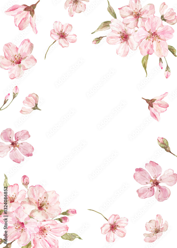 Cherry blossoms floral vertical border. Watercolor hand-painted pink ...