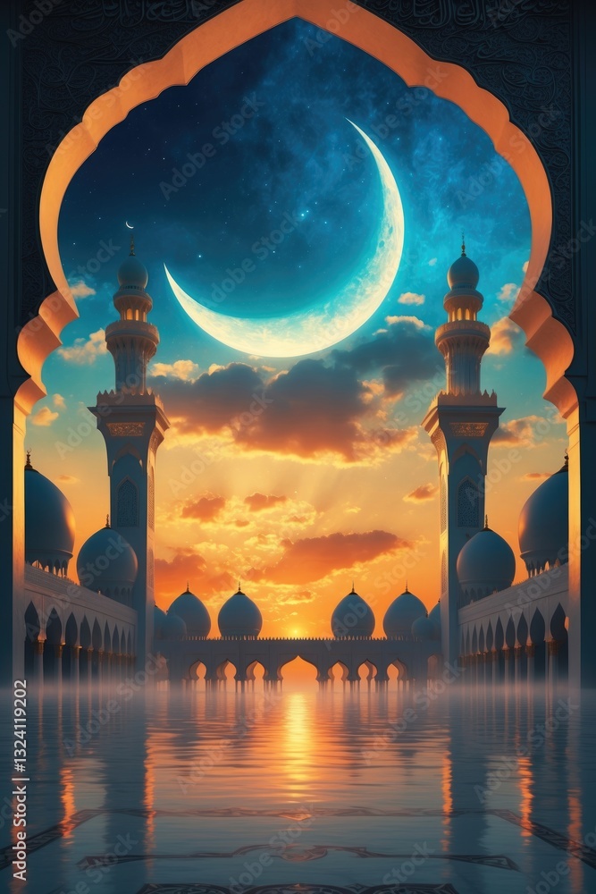 Ramadan Sunset Sky with Moon Crescent and Hajj Background as a Cultural ...