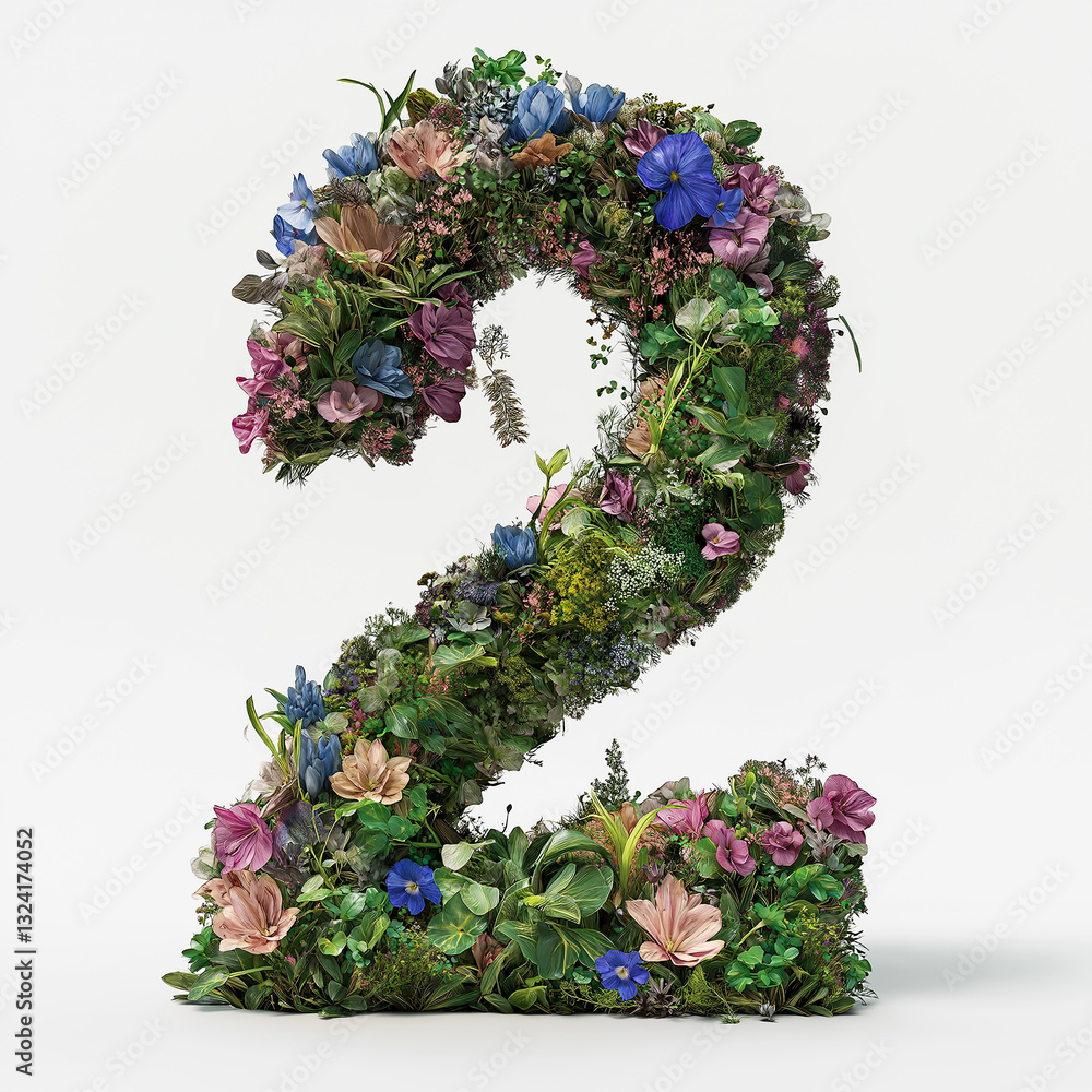 Flowers and grass elements form Arabic numerals 1234567890 one two ...